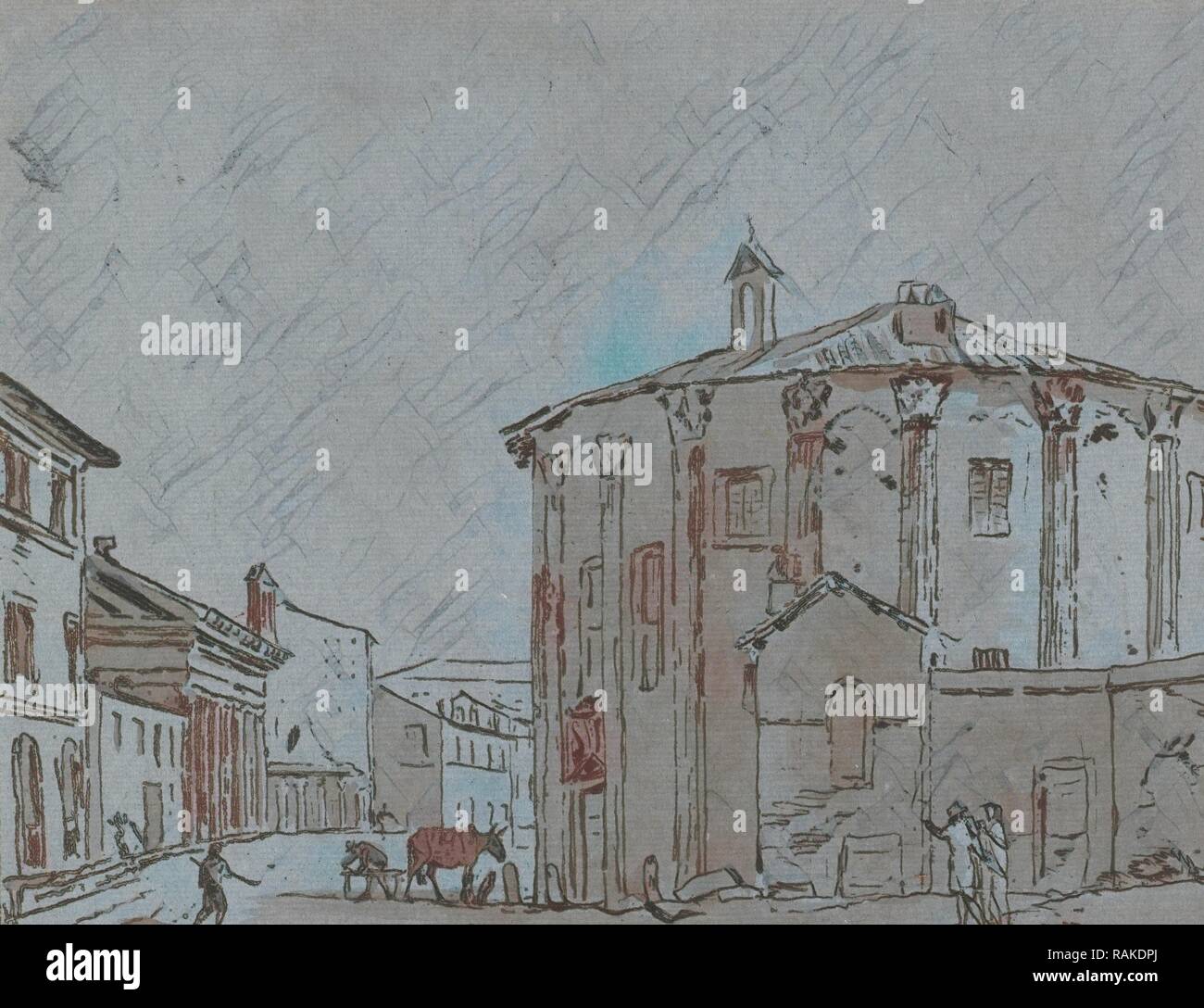 A cityscape with a temple, walking on the street three people, a fourth ...