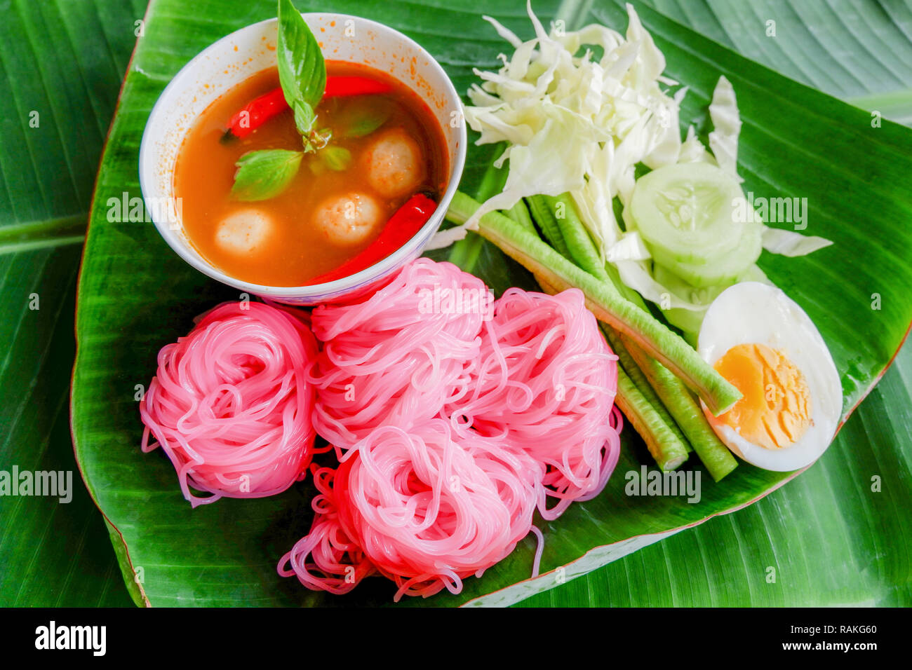 rice noodle colorful pink or rice vermicelli noodle and fish curry soup ...