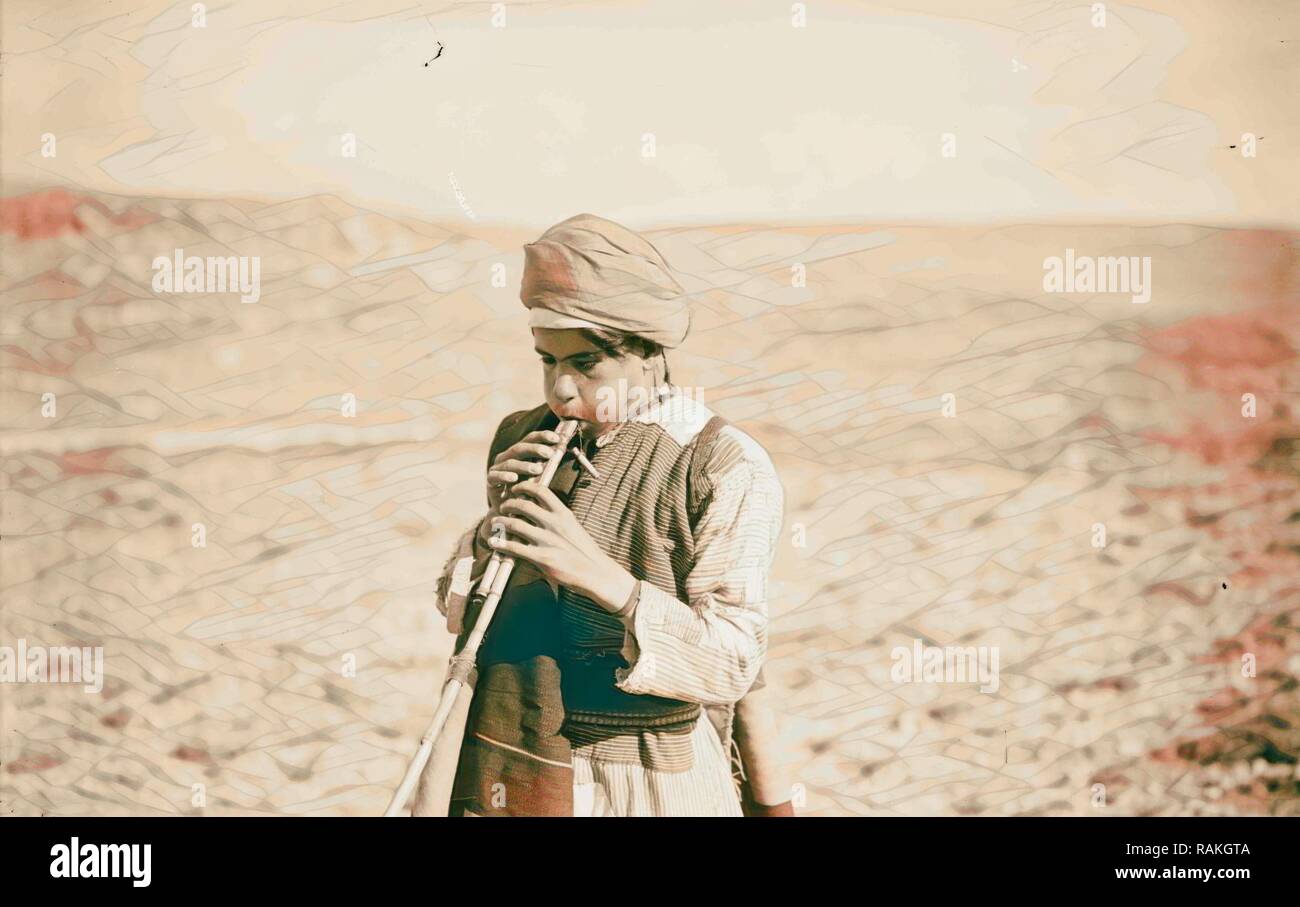 Shepherd boy playing his flute 1900, Middle East, Israel and/or ...