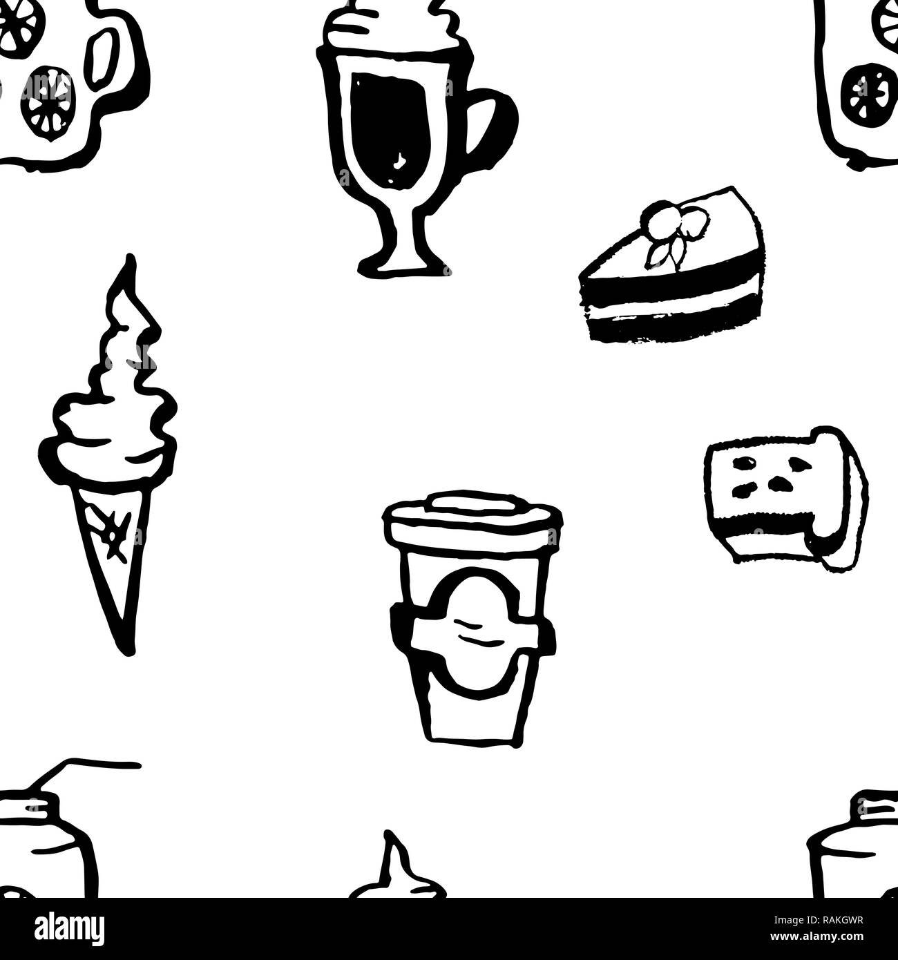 Hand drawn vector seamless coffee shop pattern. Dessert grunge ...