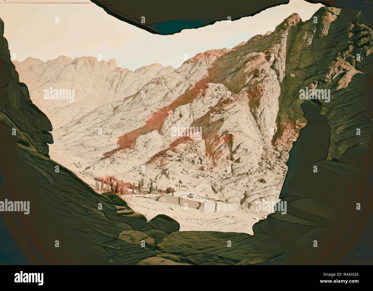 Sinai. Monastery of Saint Catherine from distant cave entrance. 1898 ...