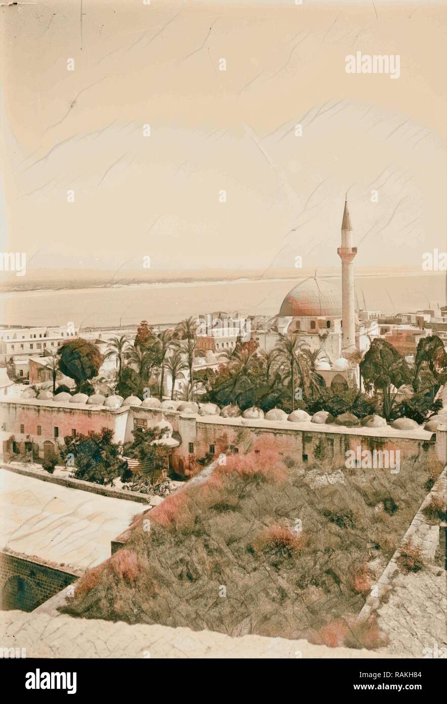Along the sea coast Mosque of Jezzar Pasha 1900, Middle East, Israel ...