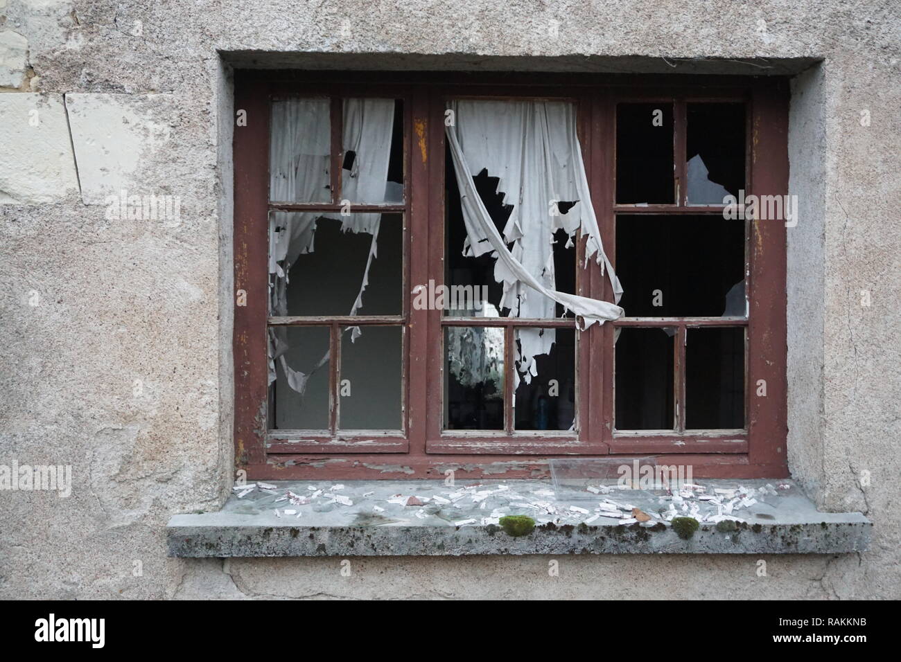 Totally destroyed window in an abandoned house in the country Stock ...