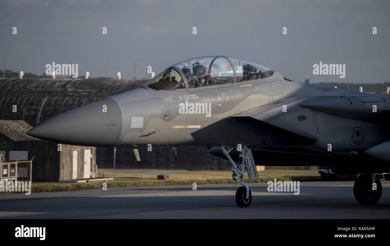 A U.S. Air Force 44th Fighter Squadron F-15 Eagle taxis toward the ...