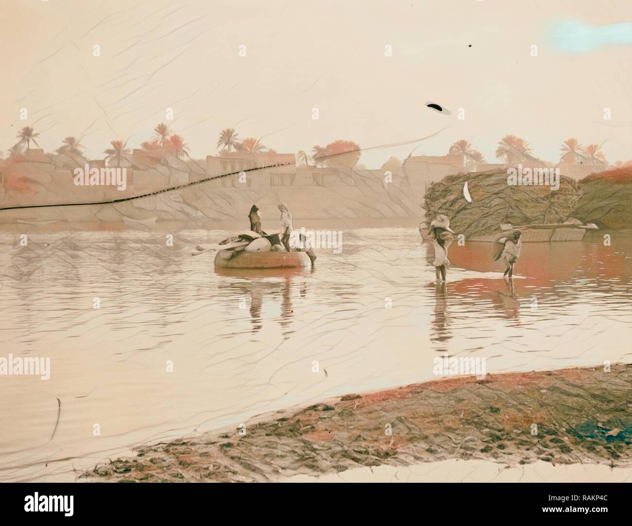 men in boat on river. 1932, Iraq. Reimagined by Gibon. Classic art with ...