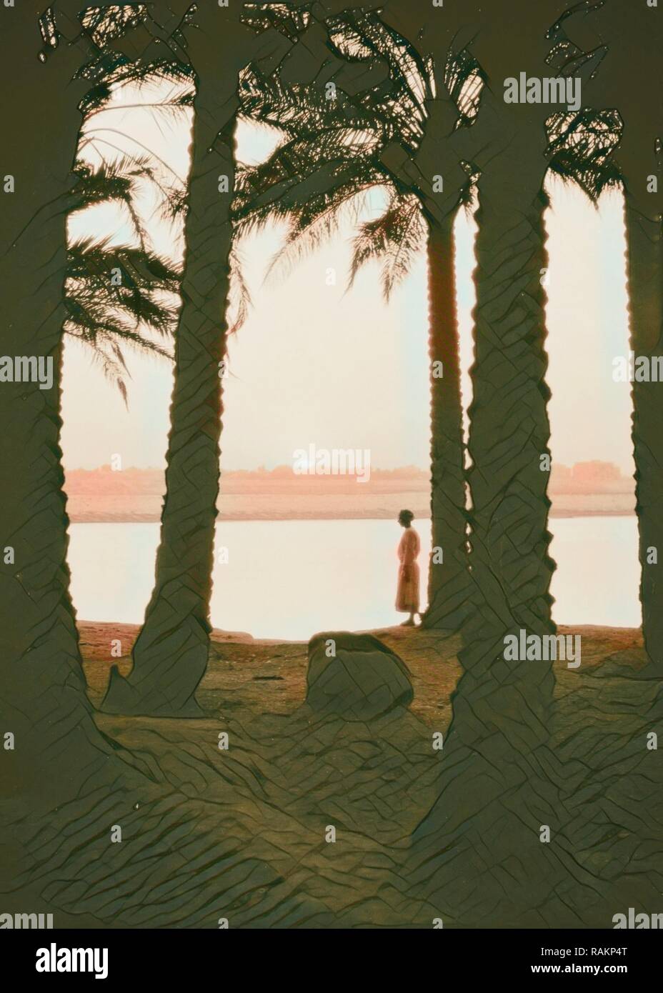 River scenes on the Euphrates taken at Hilla. Sunrise through a palm ...