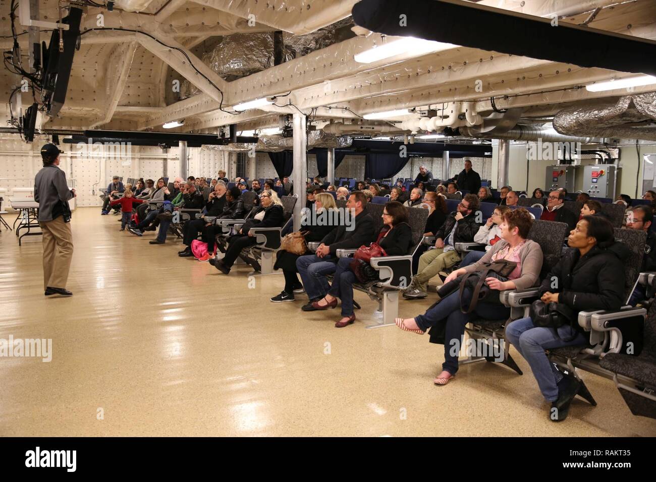 USNS Trenton's Master, Capt. Susan Orsini, answers questions during a ...