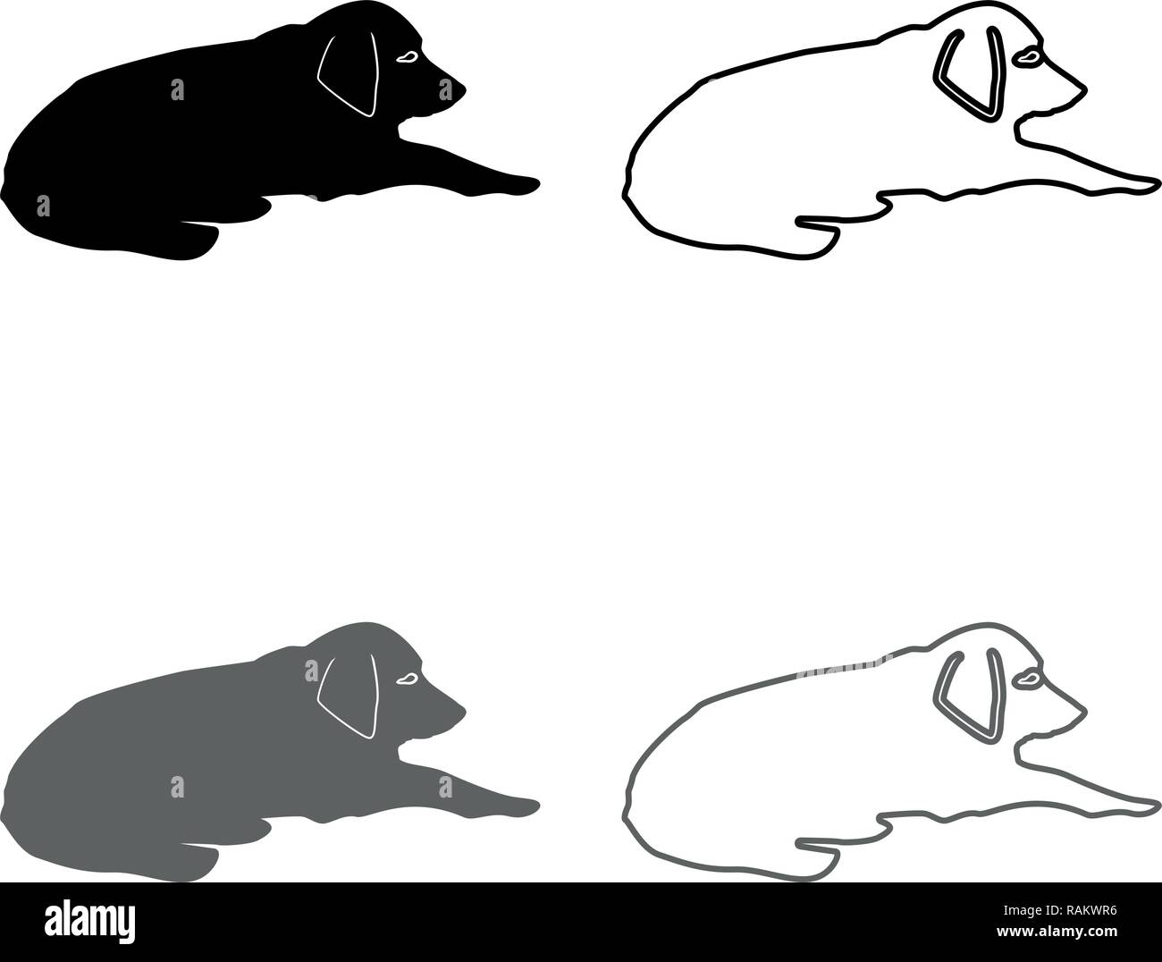 Dog lie on street Pet lying on ground Relaxed doggy icon set grey black ...