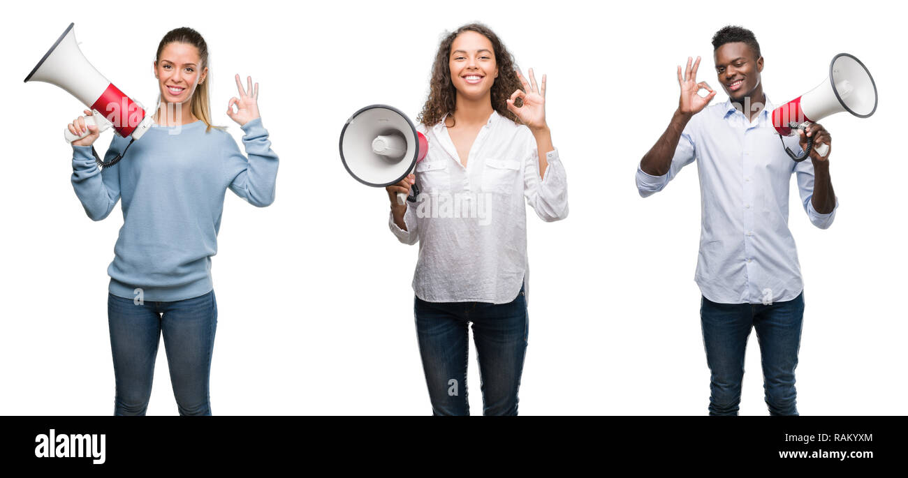 Collage of young people yelling through megaphone over isolated ...