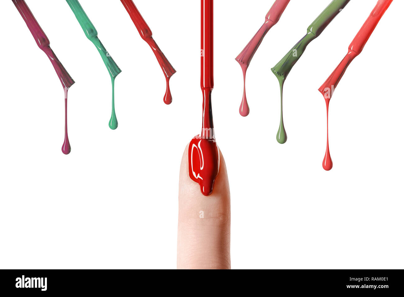 messy drop of red nail polish dripping on nail isolated on white Stock ...