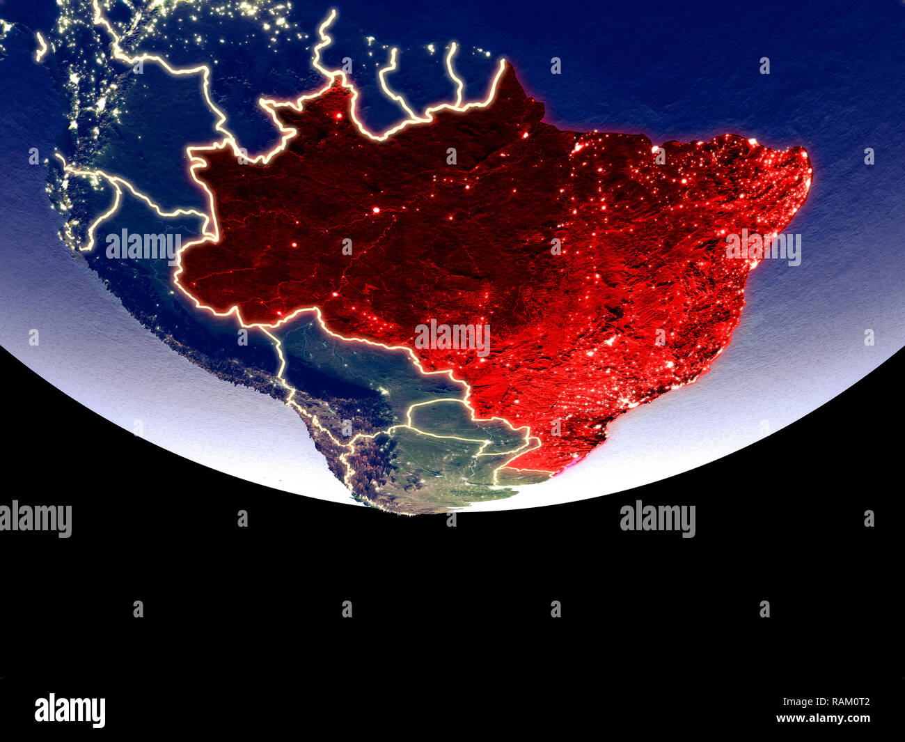 Satellite view of Brazil from space at night. Beautifully detailed ...