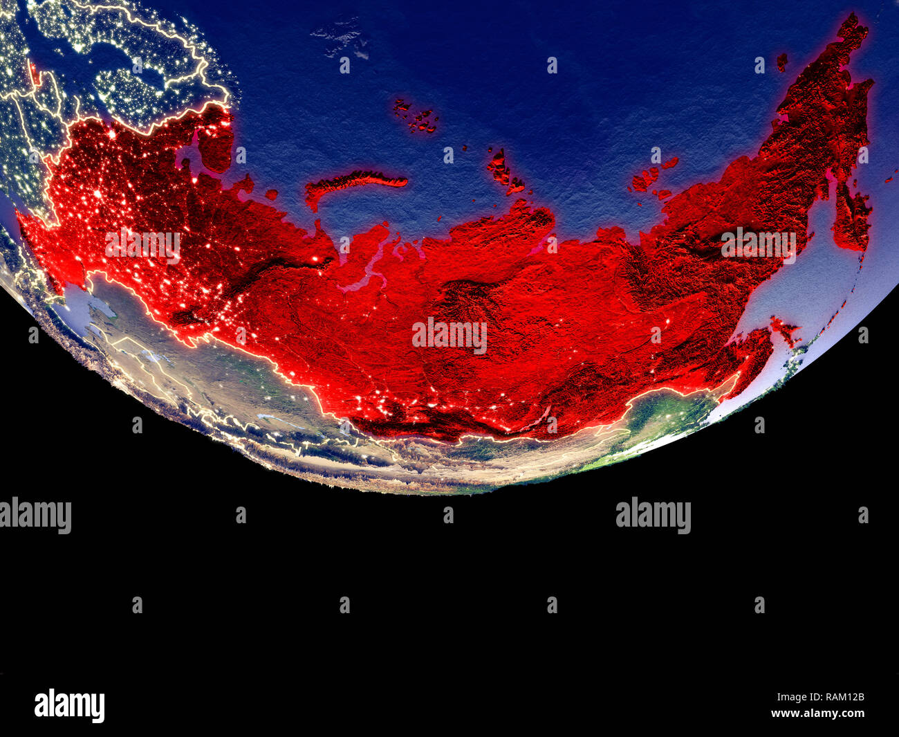 Satellite view of Russia from space at night. Beautifully detailed ...