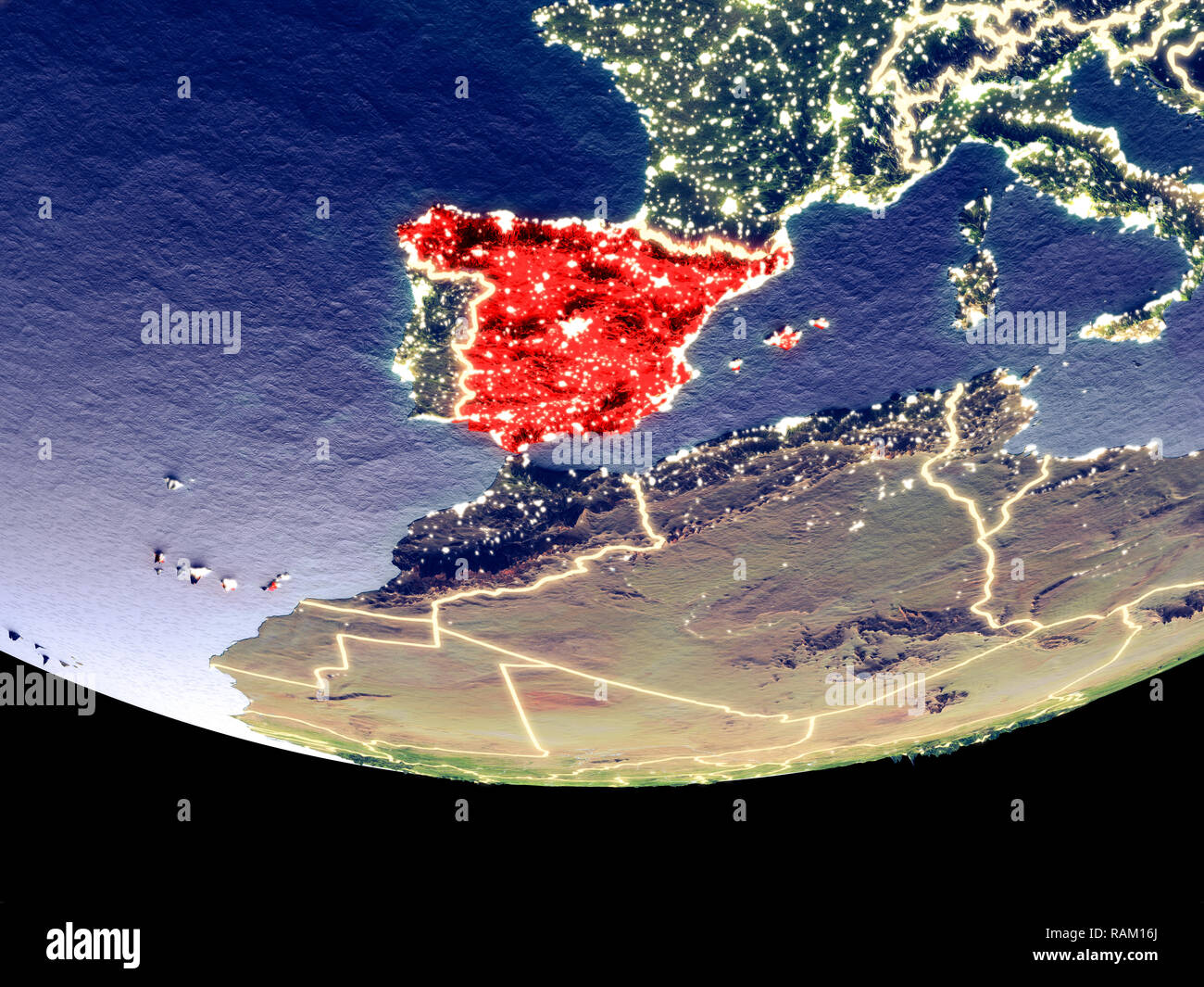 Satellite view of Spain from space at night. Beautifully detailed ...