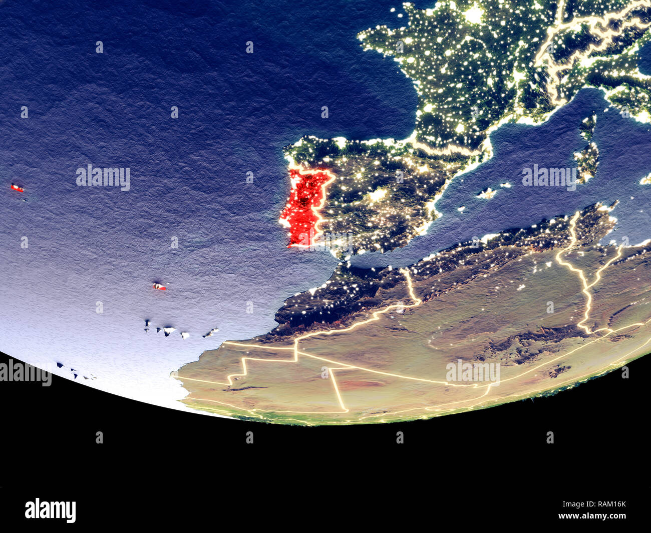 Satellite view of Portugal from space at night. Beautifully detailed ...