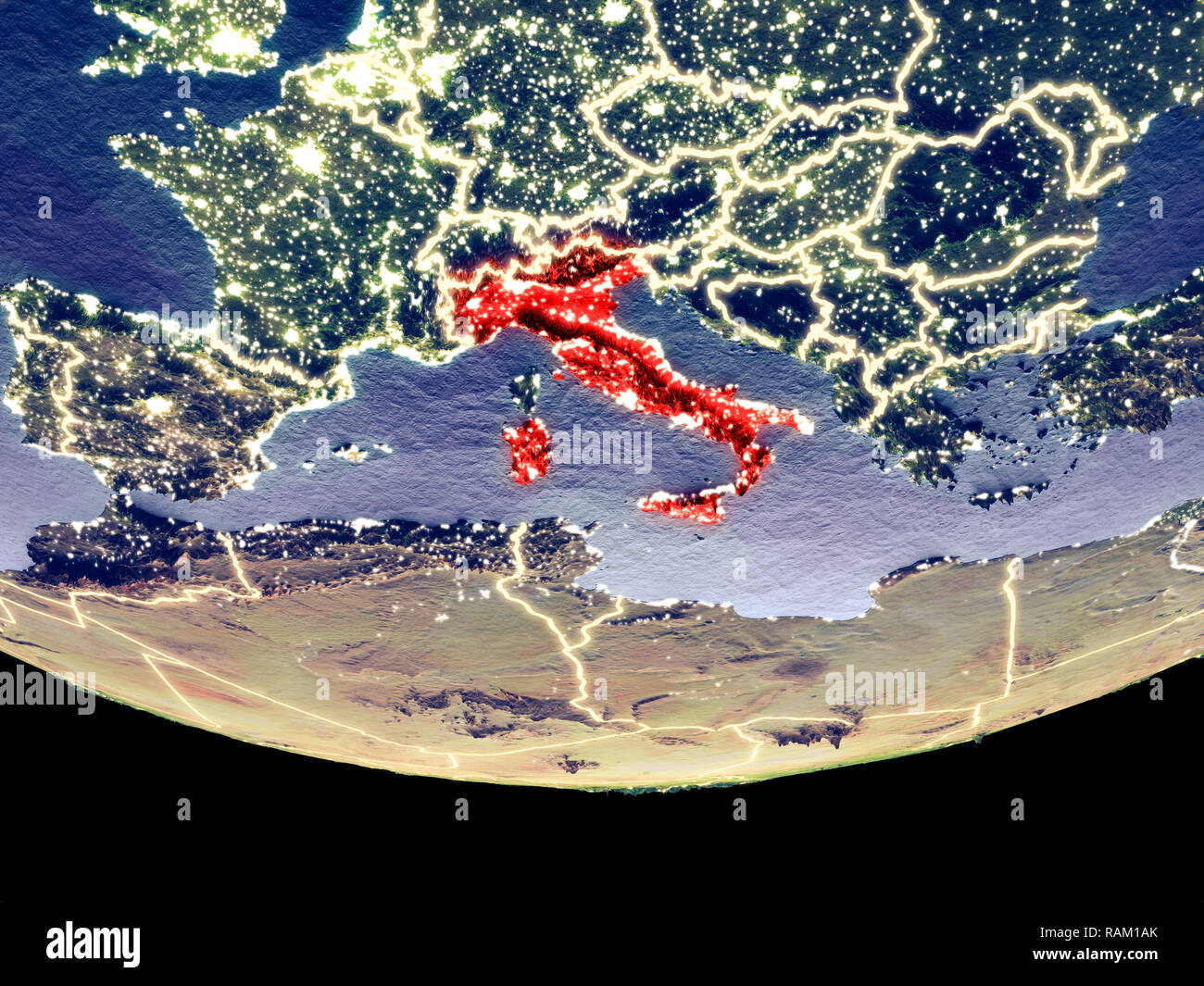 Satellite view of Italy from space at night. Beautifully detailed ...