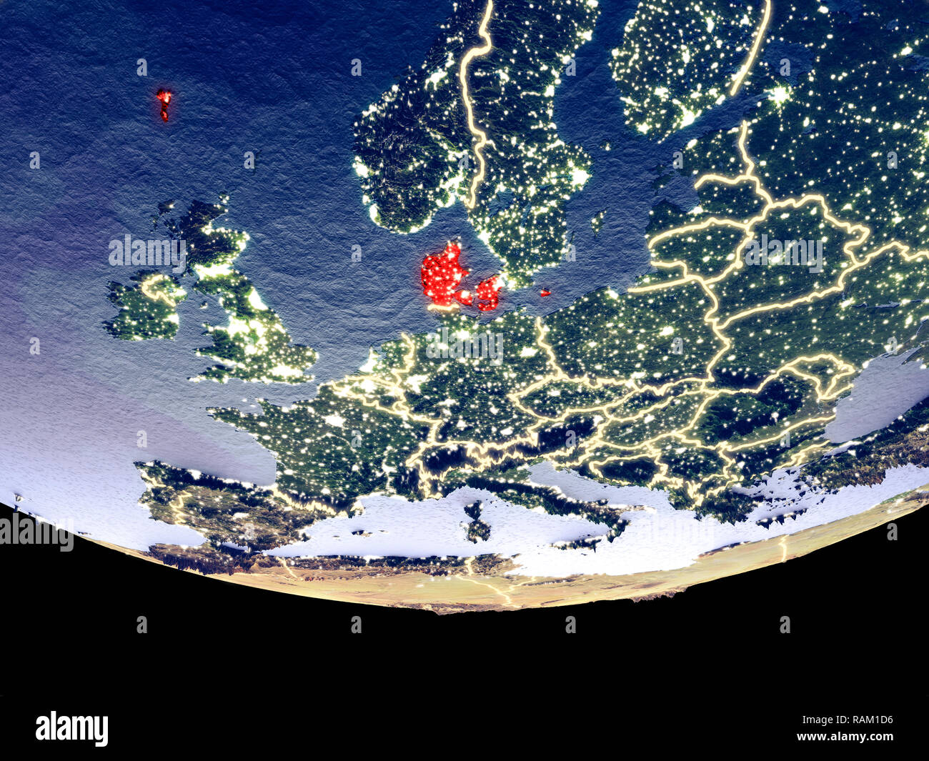 Satellite view of Denmark from space at night. Beautifully detailed ...