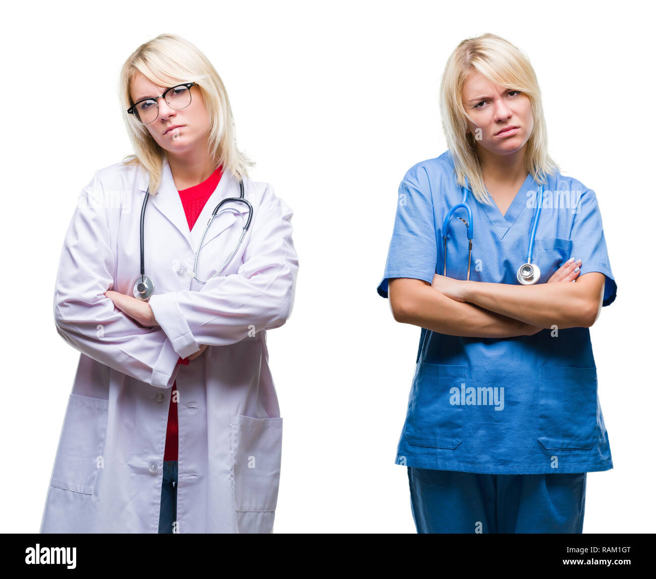 Collage of doctor and nurse woman over white isolated background ...