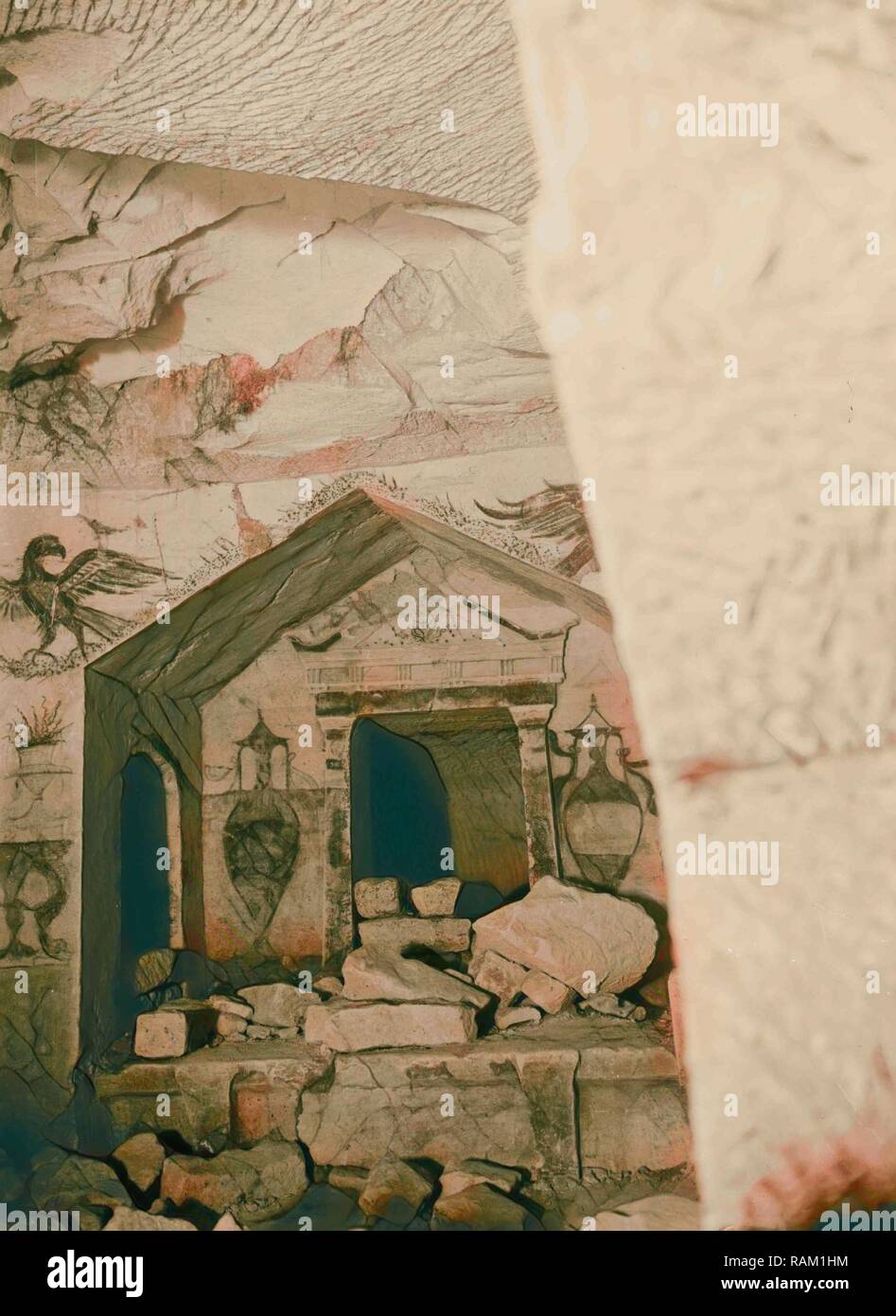 Famous tombs at Beit Jibrin showing wall paintings. 1898, Israel, Bet ...
