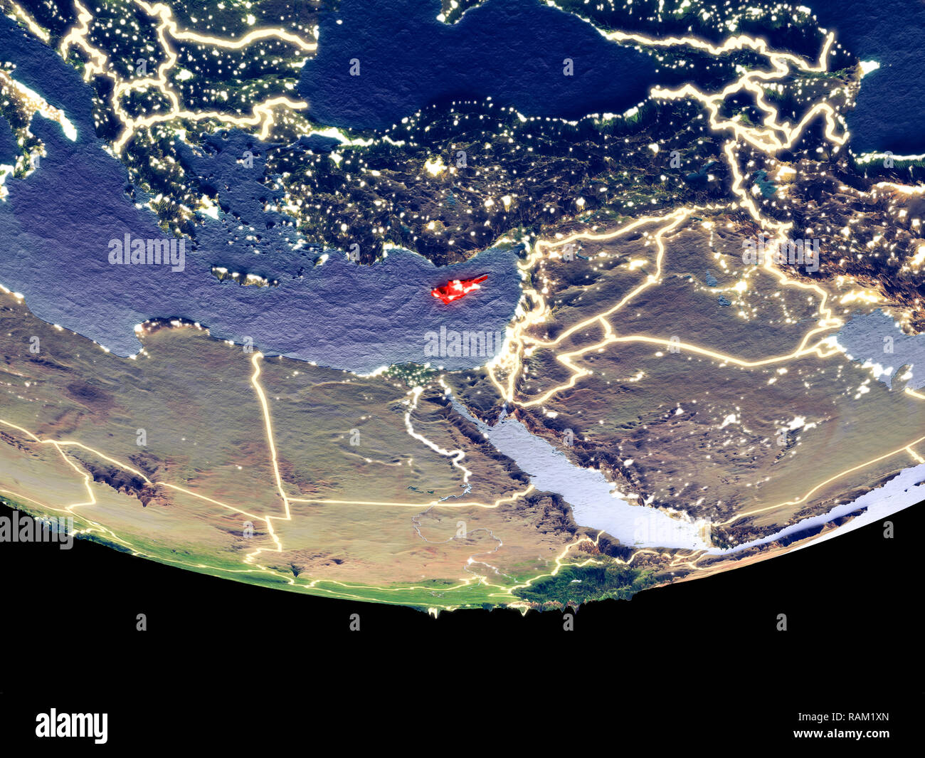 Satellite view of Cyprus from space at night. Beautifully detailed ...