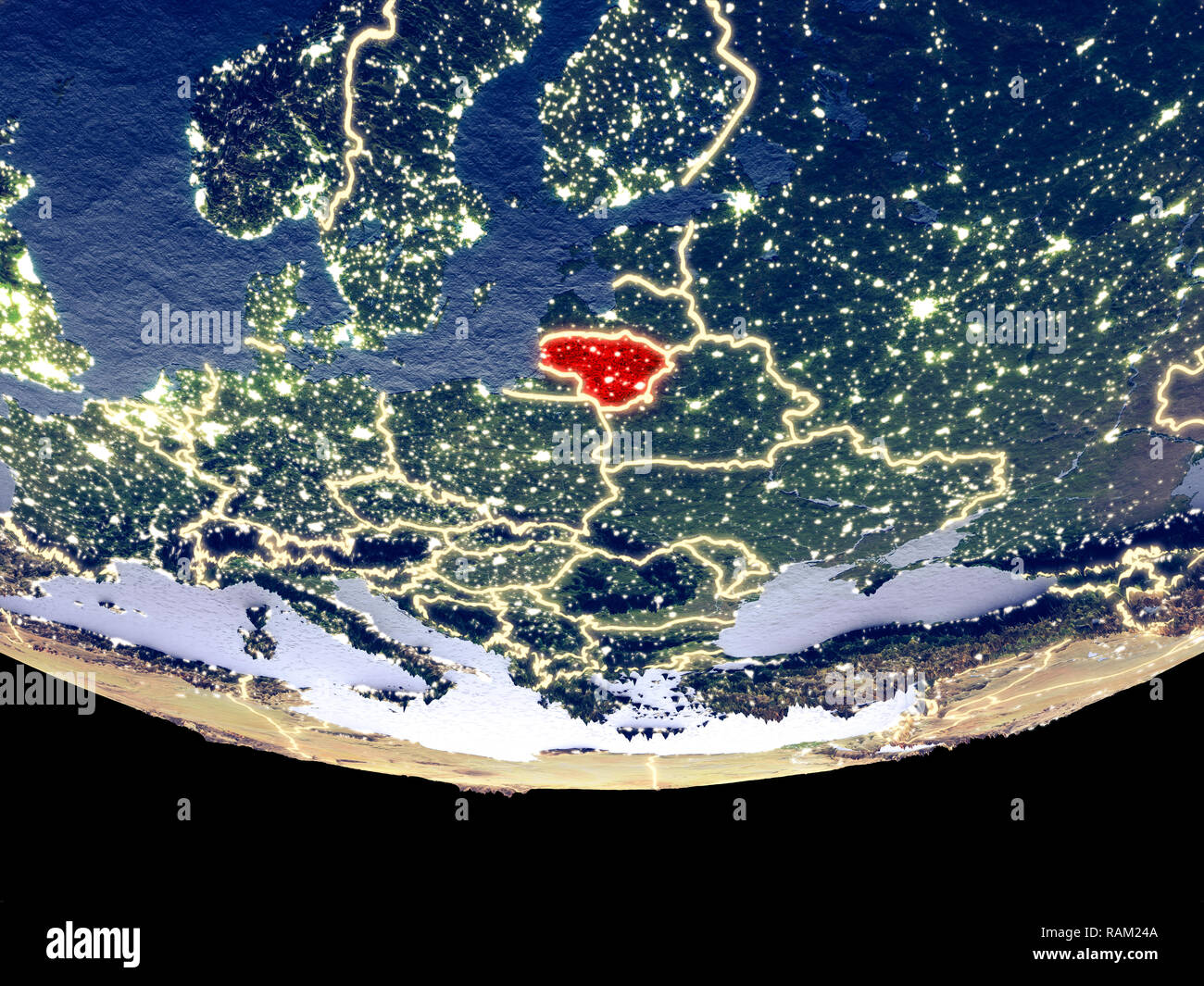 Satellite view of Lithuania from space at night. Beautifully detailed ...