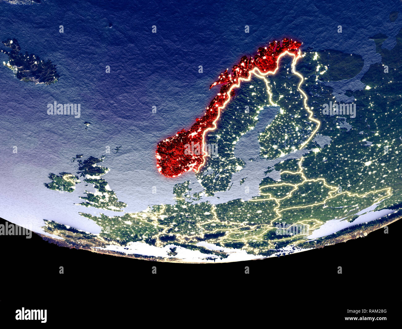 Satellite view of Norway from space at night. Beautifully detailed ...