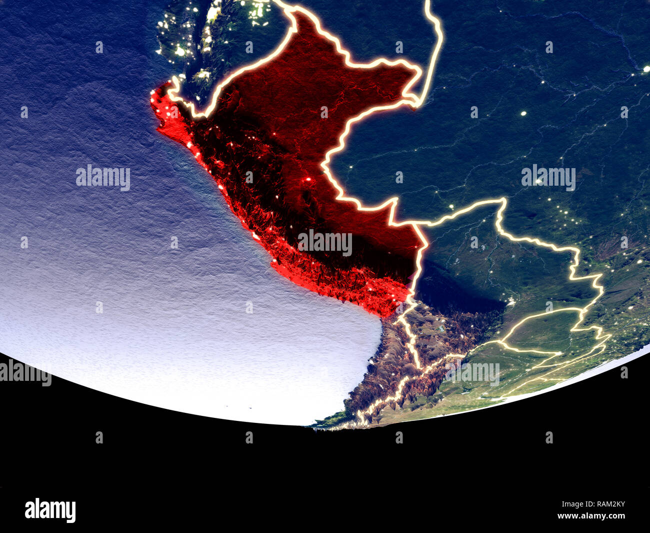 Satellite view of Peru from space at night. Beautifully detailed ...