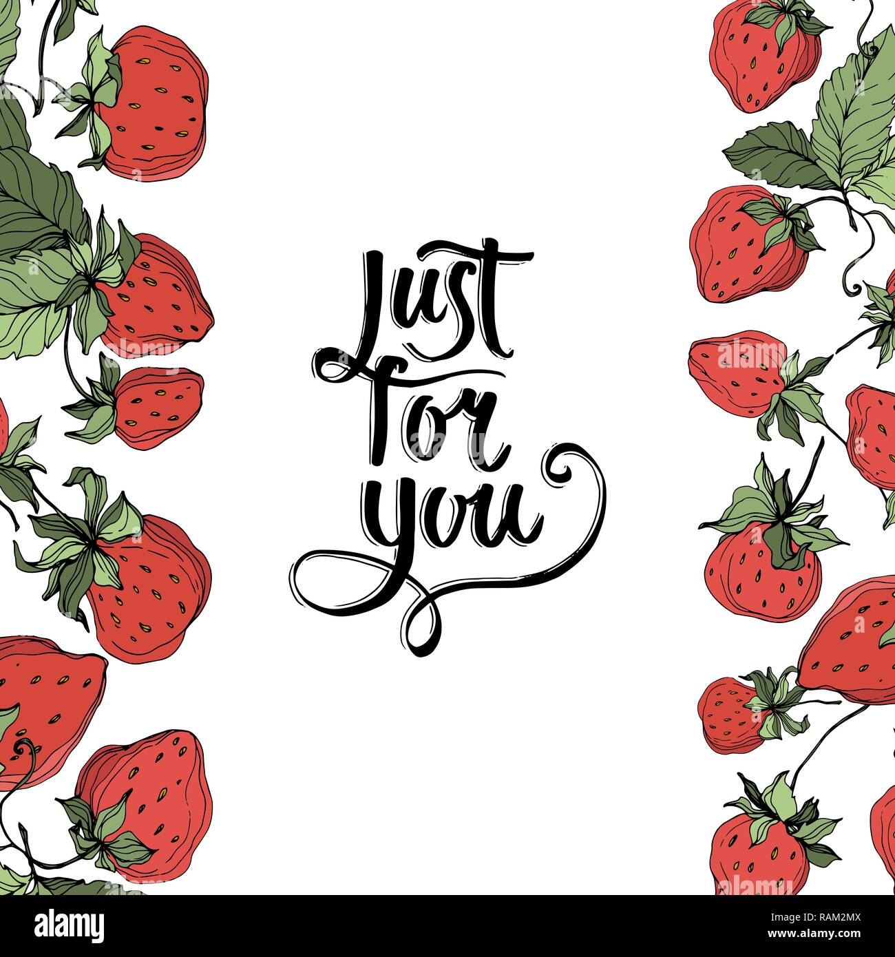 Vector Strawberry fruits. Green leaf. Red and green engraved ink art ...