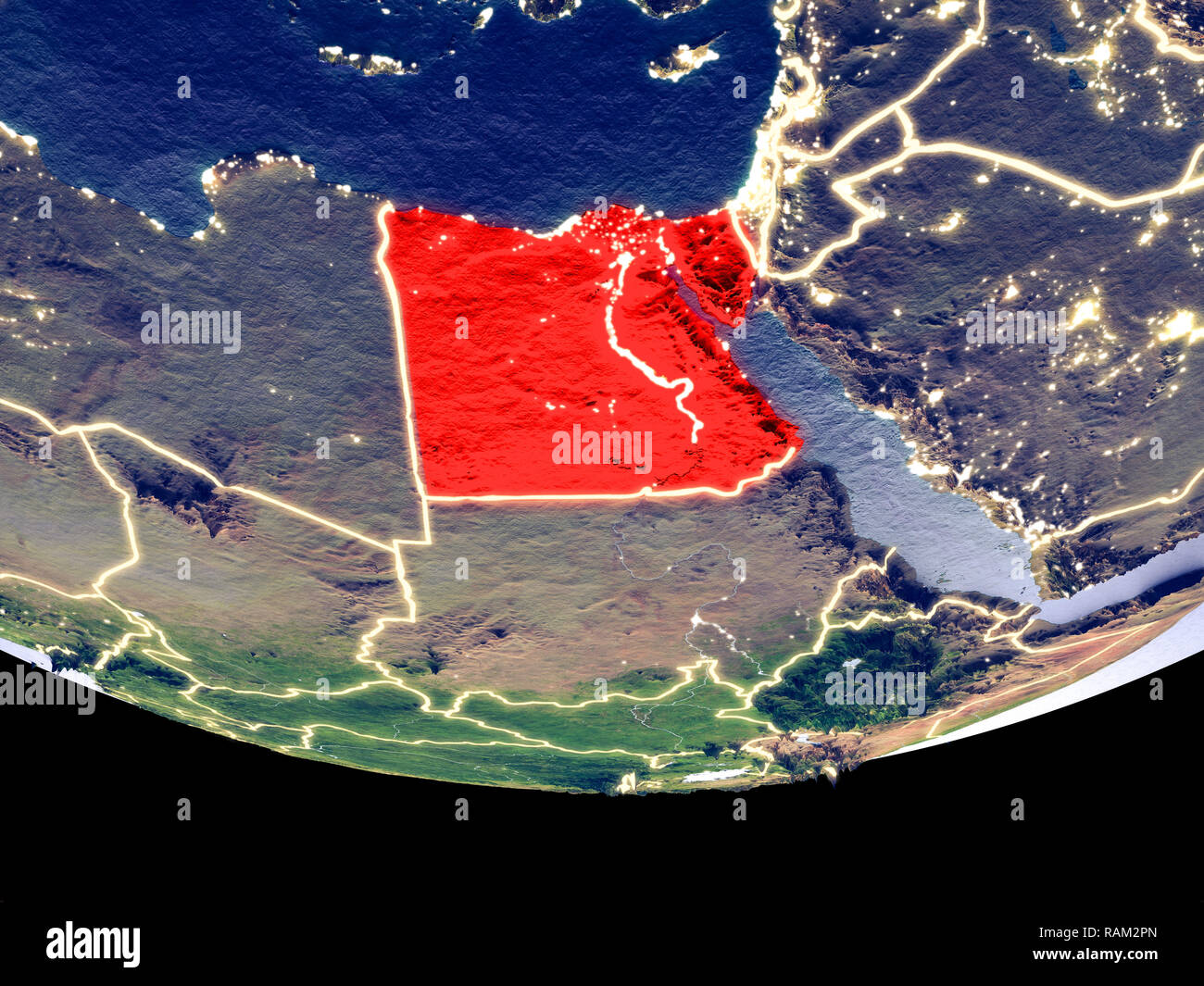 Satellite view of Egypt from space at night. Beautifully detailed ...