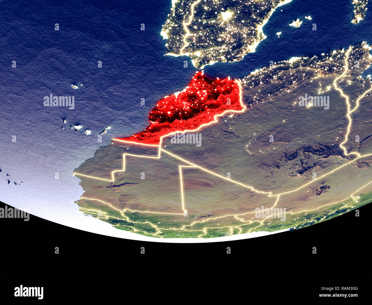 Satellite view of Morocco from space at night. Beautifully detailed ...