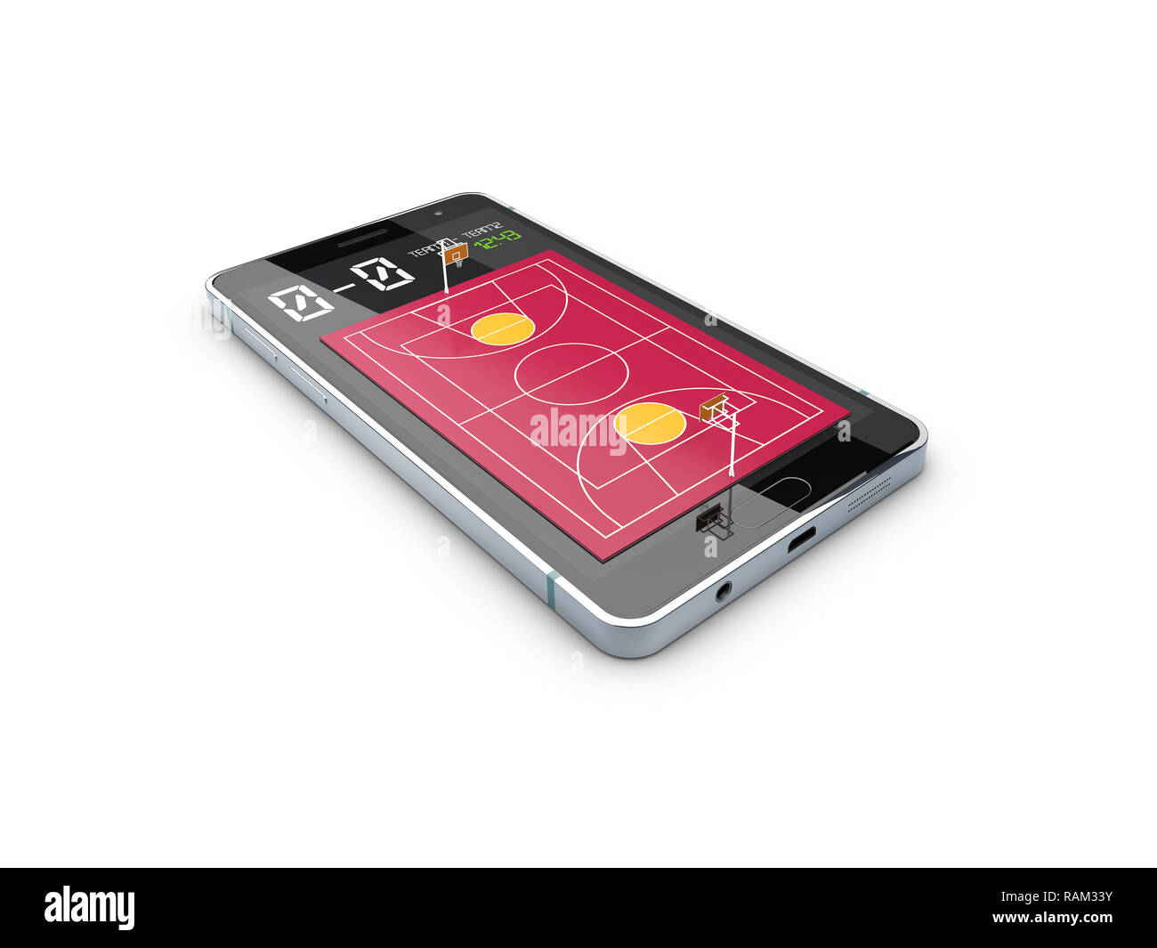 Smartphone with basketball ball and field on the screen. Sports theme ...