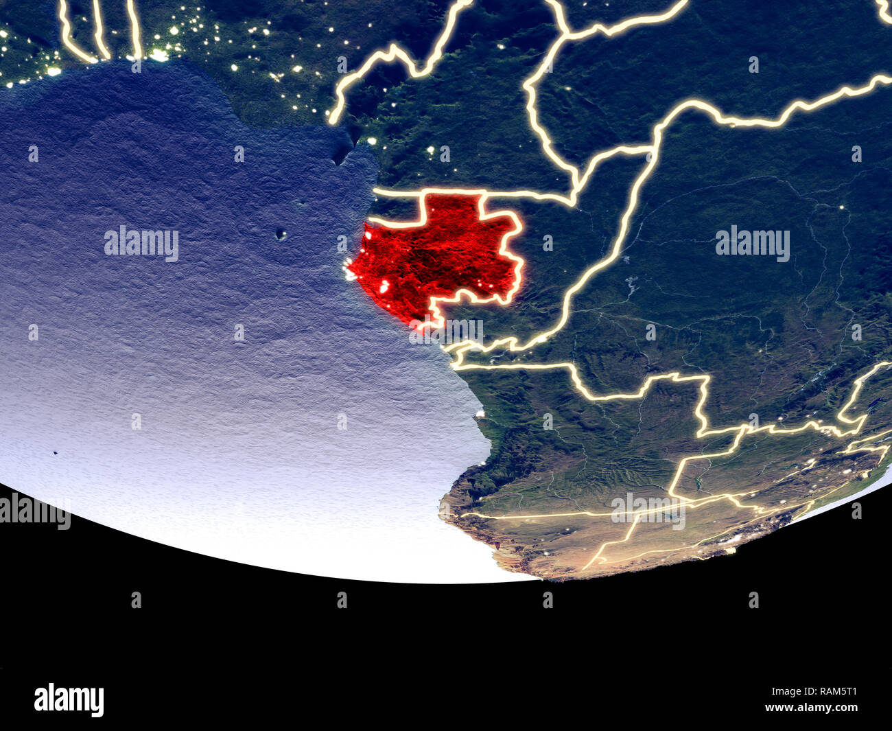 Satellite view of Gabon from space at night. Beautifully detailed ...