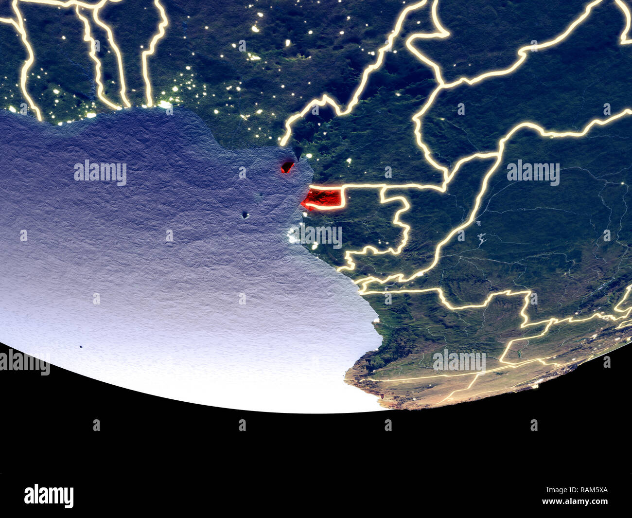 Satellite view of Equatorial Guinea from space at night. Beautifully ...