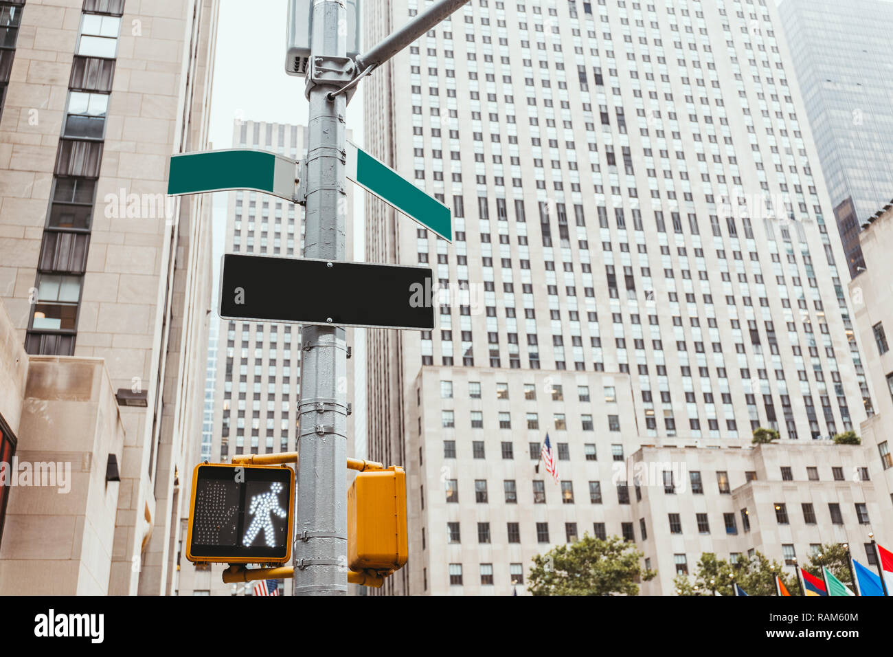 urban scene with traffic light, road signs and architecture of new york ...