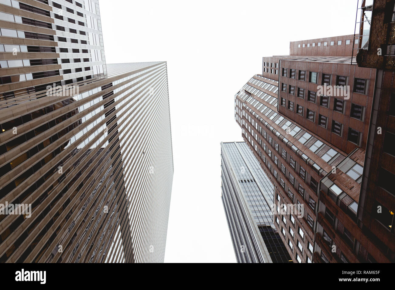 bottom view of skyscrapers and clear sky in new york city, usa Stock ...