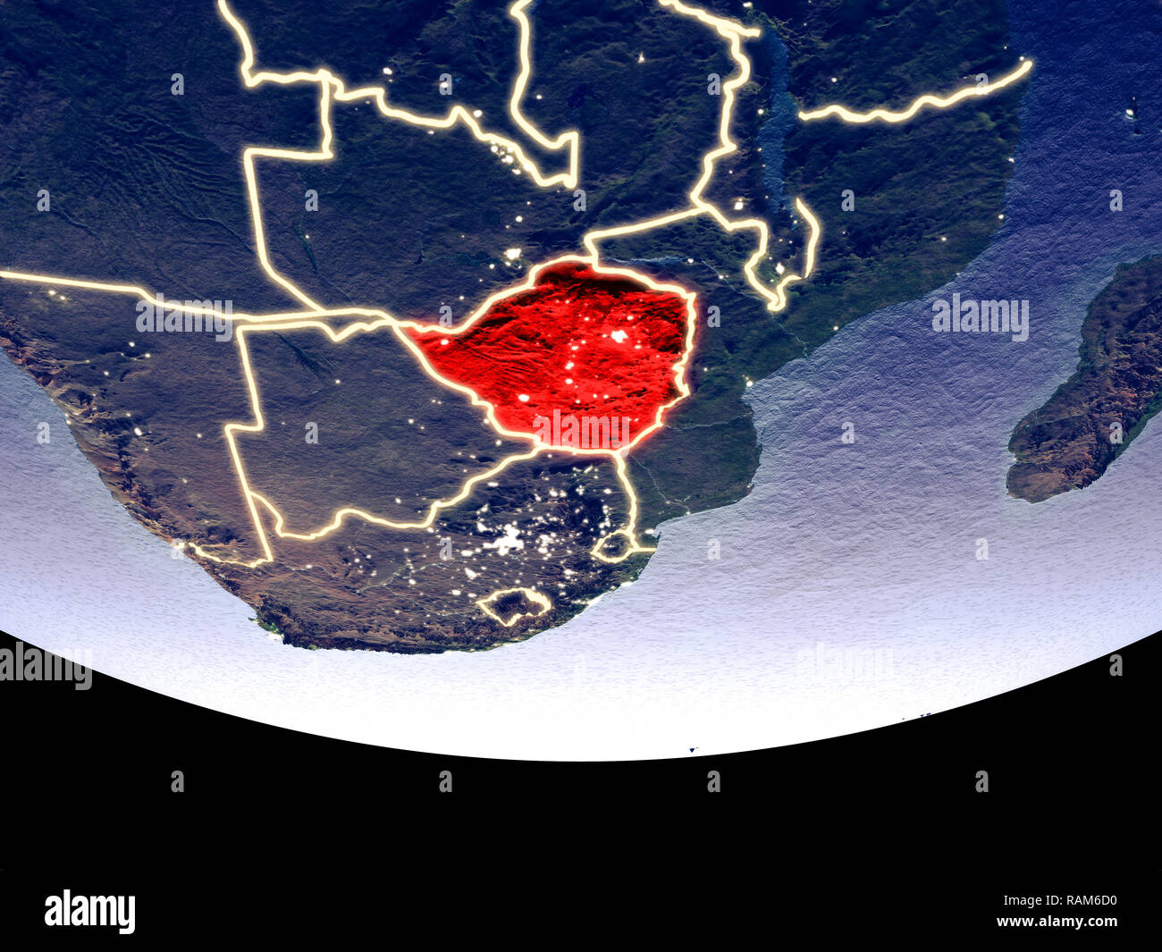 Satellite view of Zimbabwe from space at night. Beautifully detailed ...