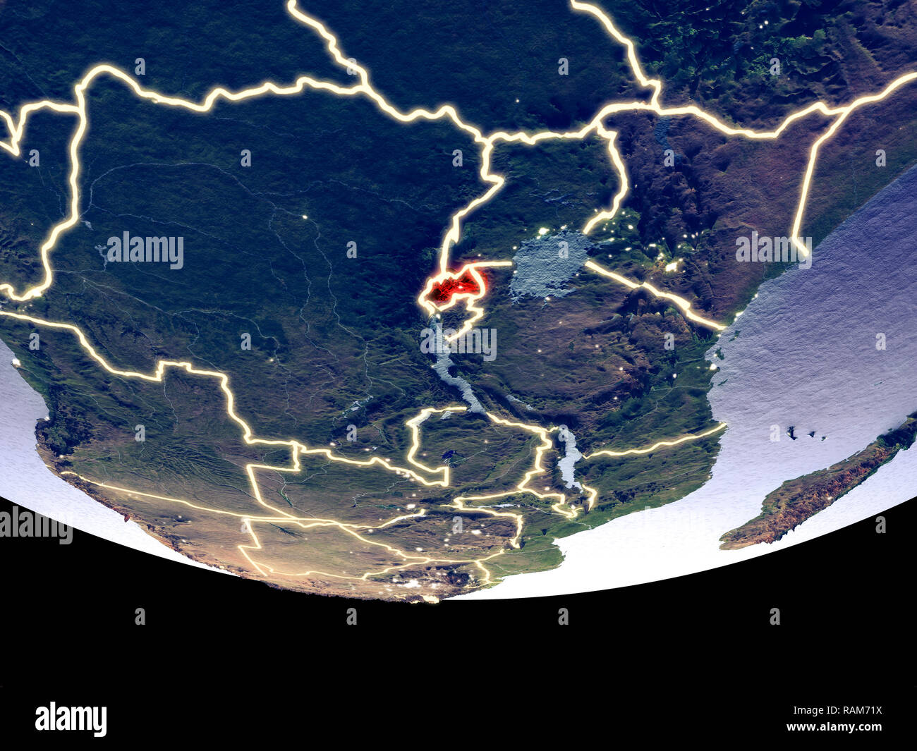 Satellite view of Rwanda from space at night. Beautifully detailed ...