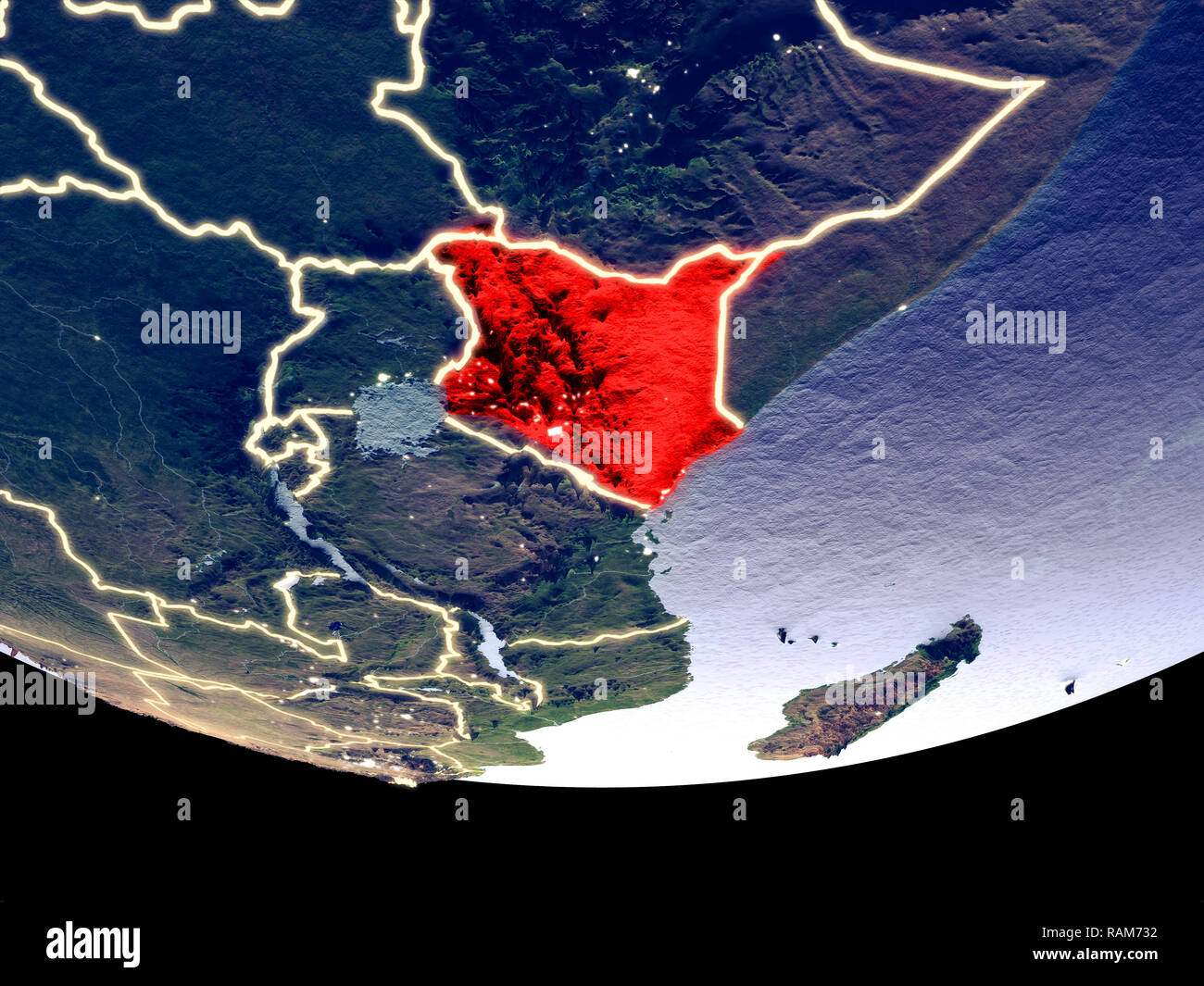 Satellite view of Kenya from space at night. Beautifully detailed ...