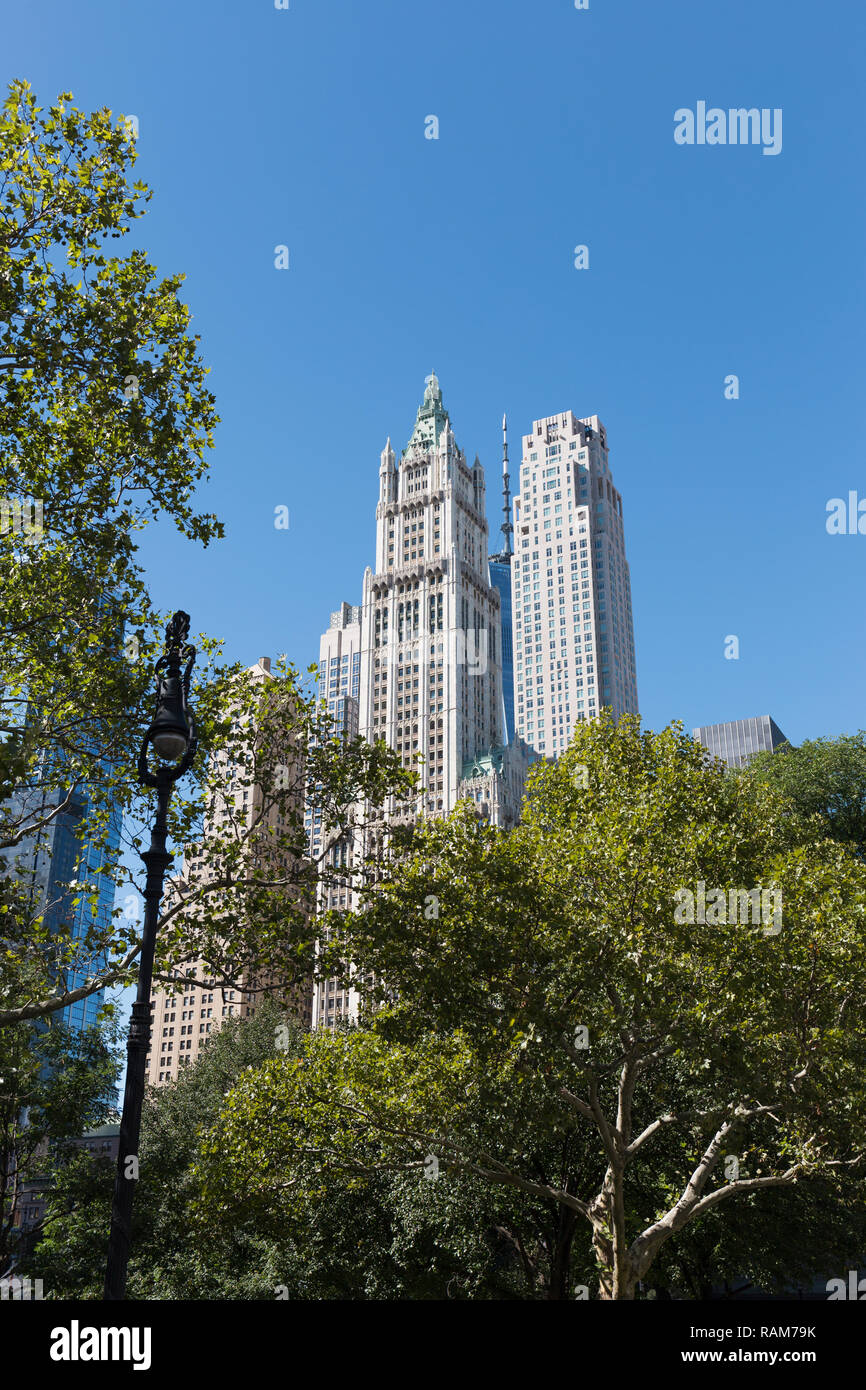 urban scene with trees in city park and skyscrapers in new york, usa ...