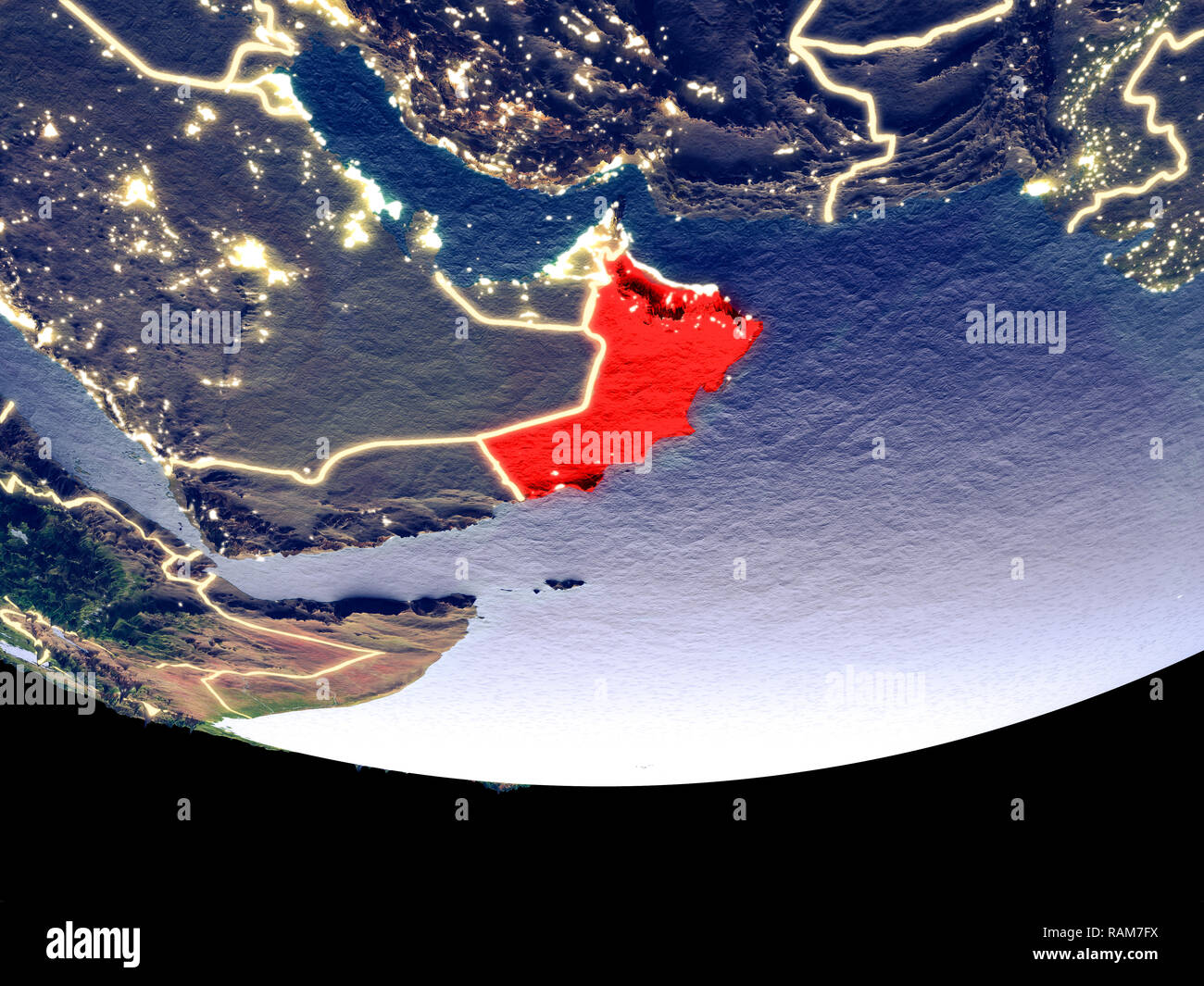 Satellite view of Oman from space at night. Beautifully detailed ...