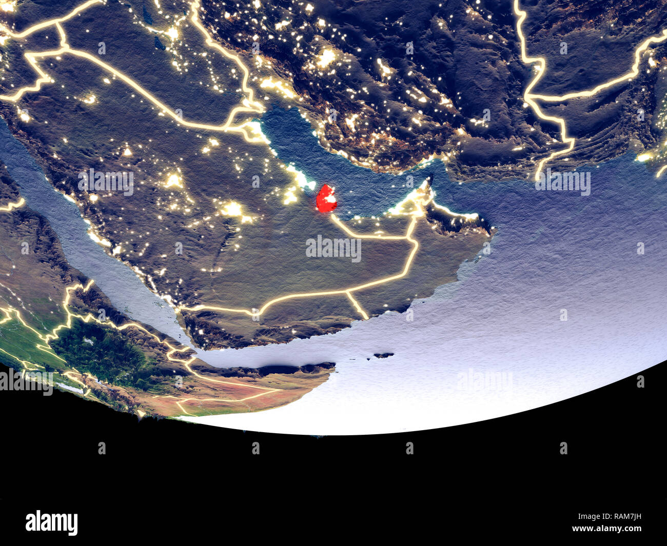 Satellite view of Qatar from space at night. Beautifully detailed ...