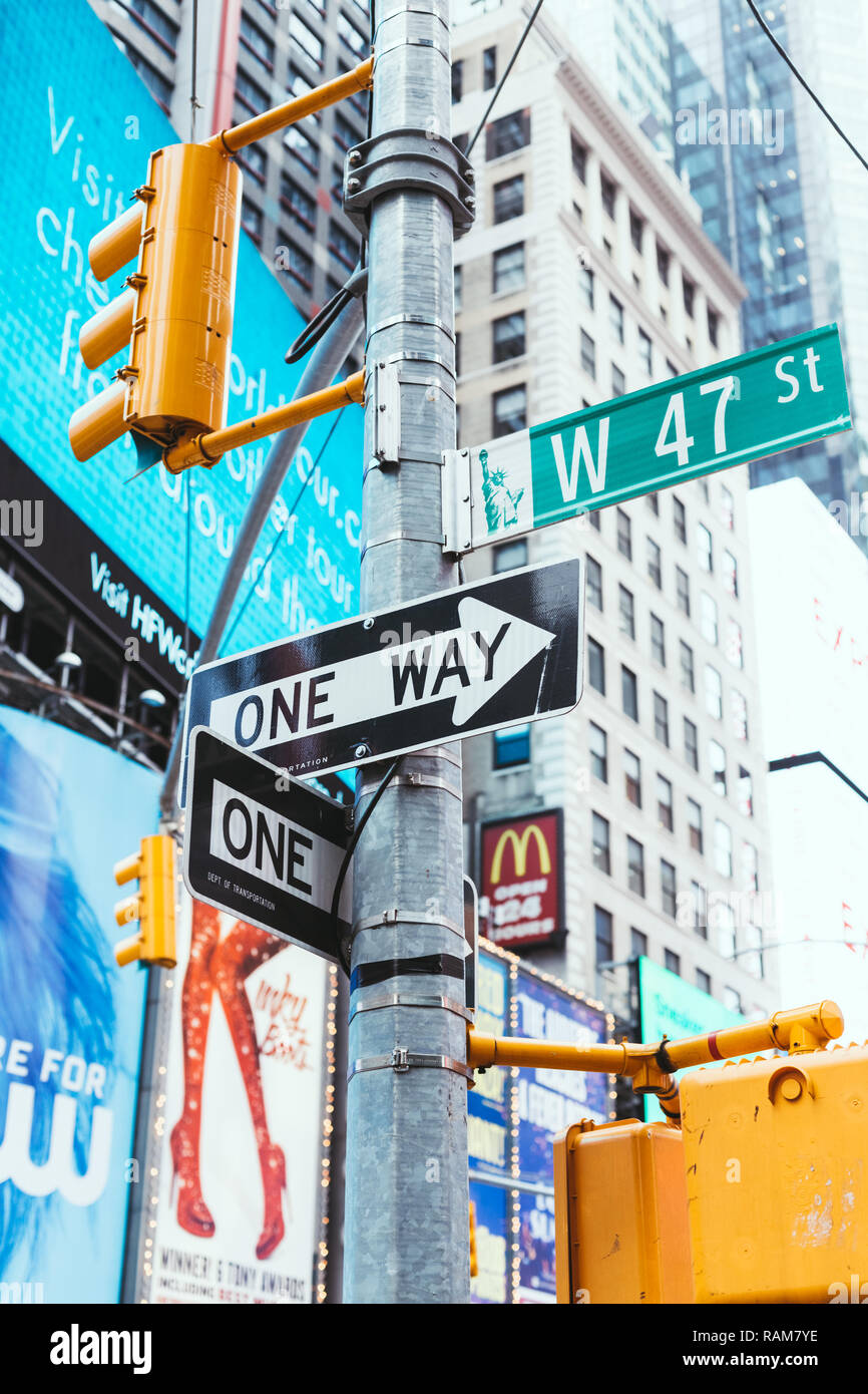 TIMES SQUARE, NEW YORK, USA - OCTOBER 8, 2018: close up view of traffic ...