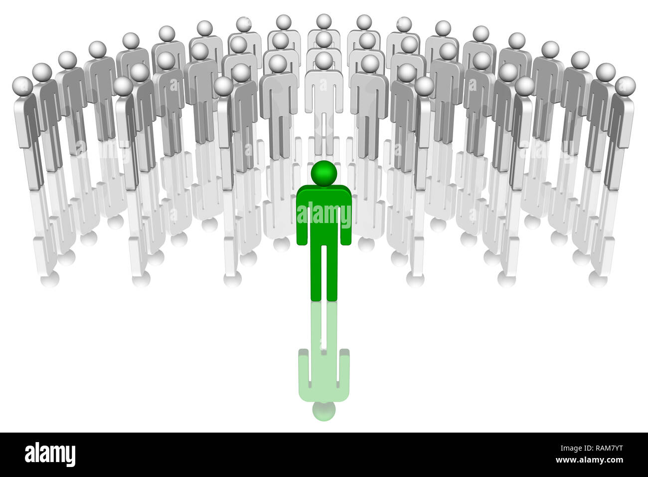 3D illustration. Leader. Green person in front of people in gray Stock ...