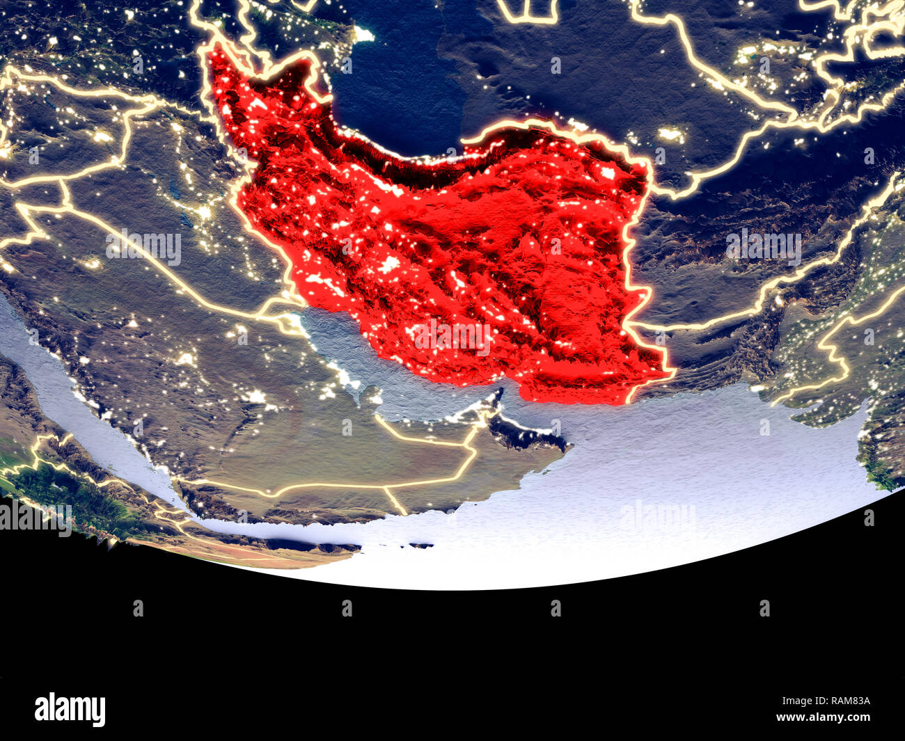 Satellite view of Iran from space at night. Beautifully detailed ...