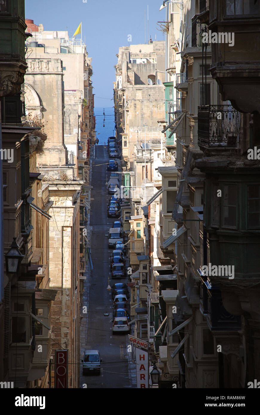 Valletta, Malta: View from the Upper Barrakka Gardens in the narrow ...