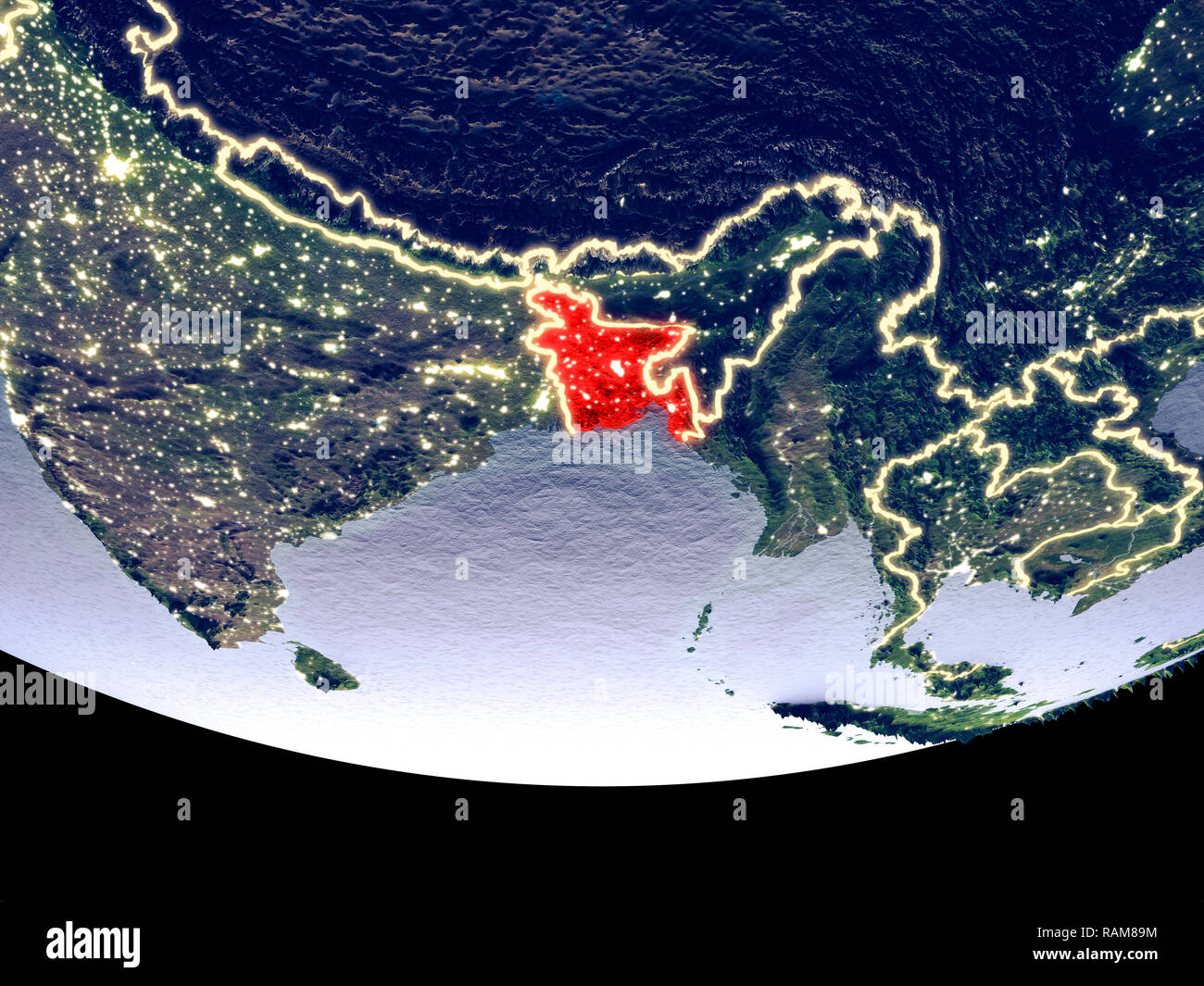 Satellite view of Bangladesh from space at night. Beautifully detailed ...