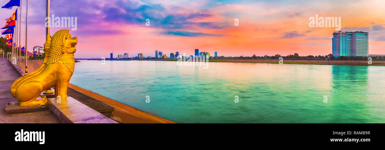 Phnom Penh riverside at sunrise. Cambodia. Panorama Stock Photo - Alamy