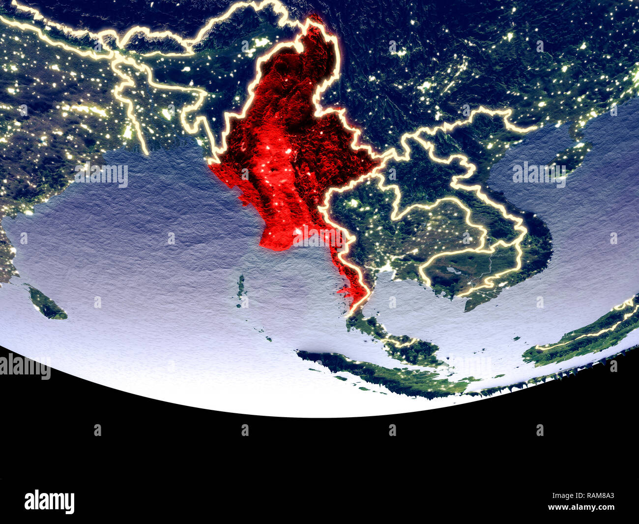 Satellite view of Myanmar from space at night. Beautifully detailed ...