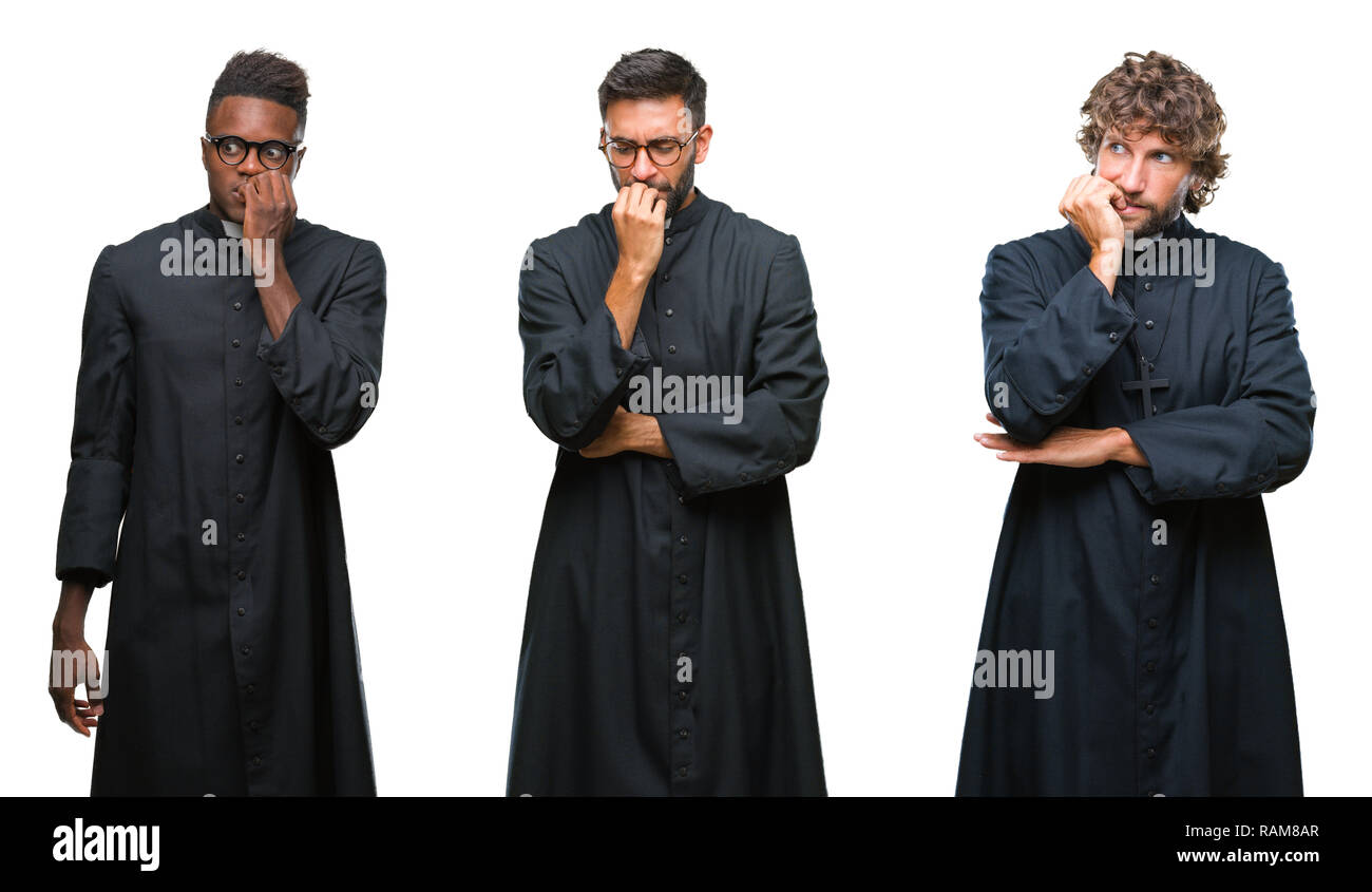 Collage of christian priest men over isolated background looking ...