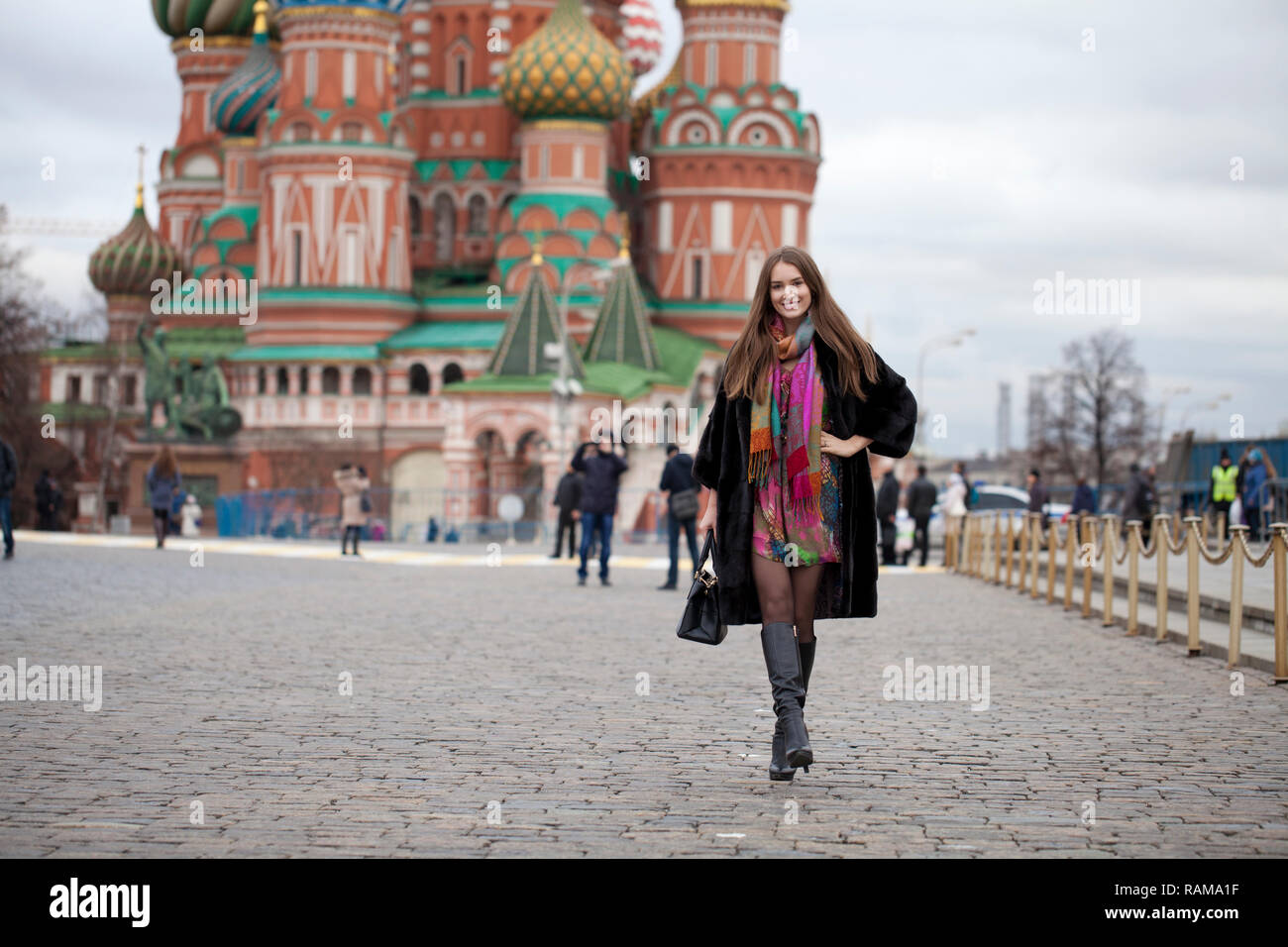 Portrait in full growth, Russian beautiful woman in a mink coat on the ...