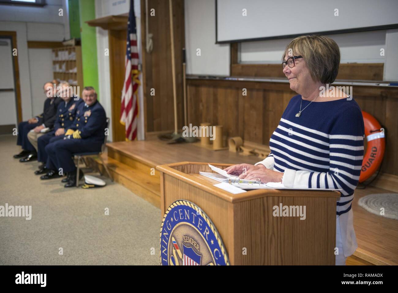 Patricia Webber-Hamilton, daughter of Bernard C. Webber, speaks to a ...